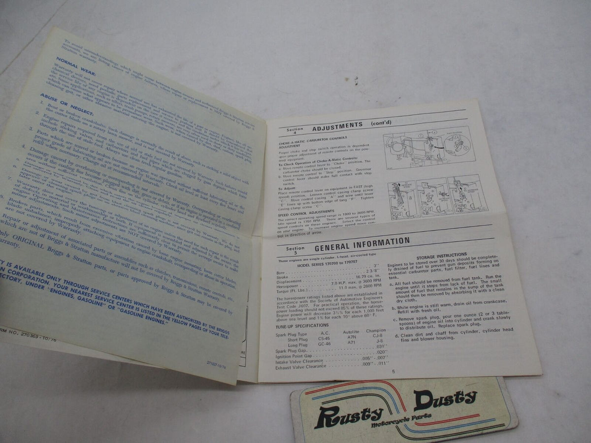 Briggs & Stratton 170700 to 170707 Operating & Maintenance Instruction ...